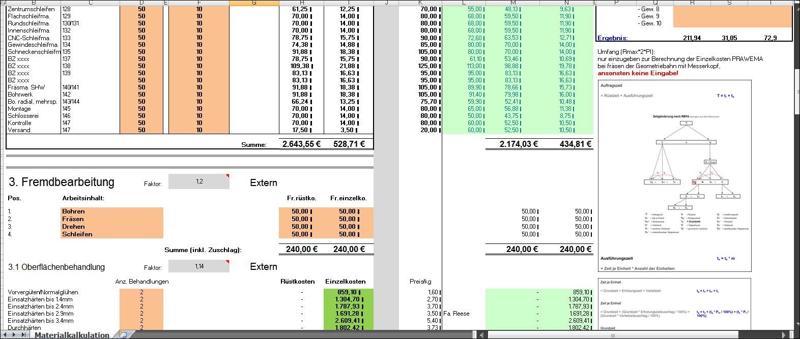 Excel Kalkulation - Materialbearbeitung (Berechnungs-Programm für Maschinenbau-Unternehmen)